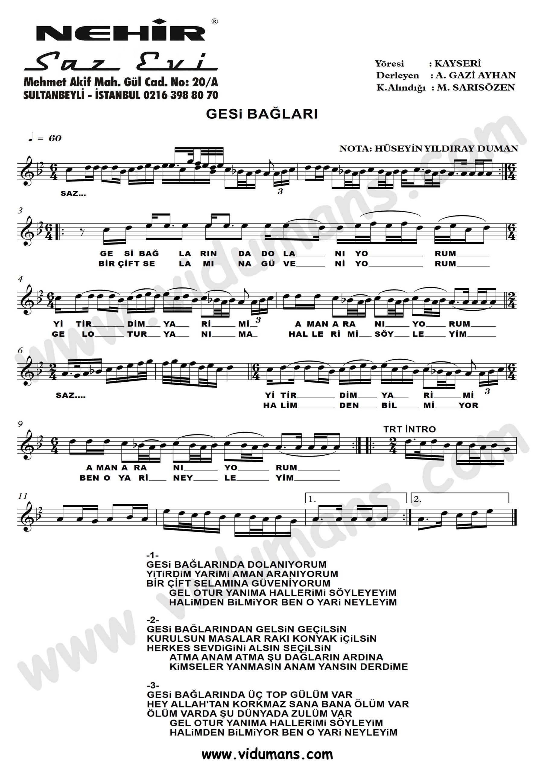 Gesi Bağları – Bağlama-Saz Türkü Notaları – Hüseyin Yıldıray Duman ...