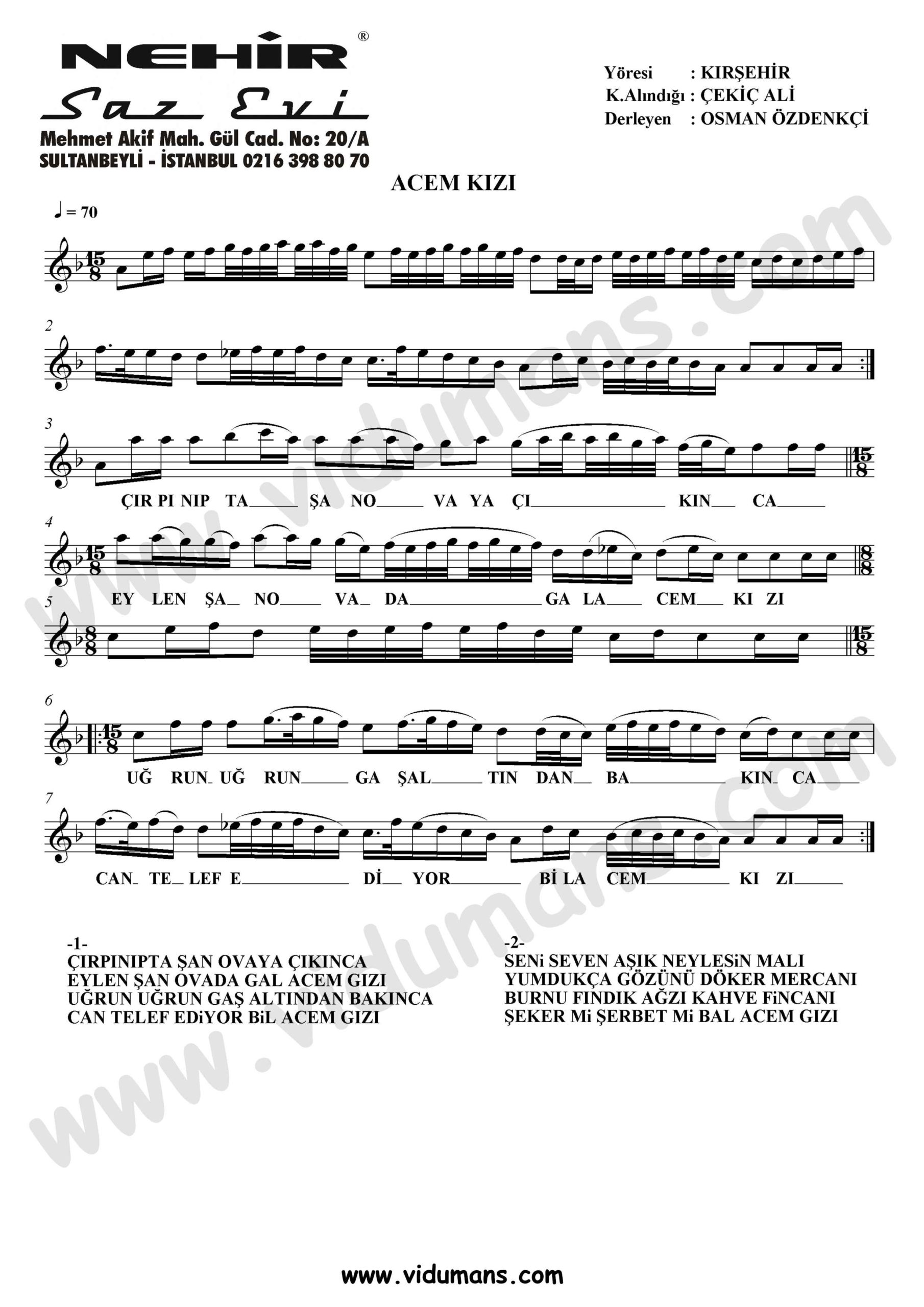 Acem Kızı – Bağlama-Saz Türkü Notaları – Hüseyin Yıldıray Duman ... Acem Kızı – Bağlama-Saz Türkü Notaları – Hüseyin Yıldıray Duman ...
