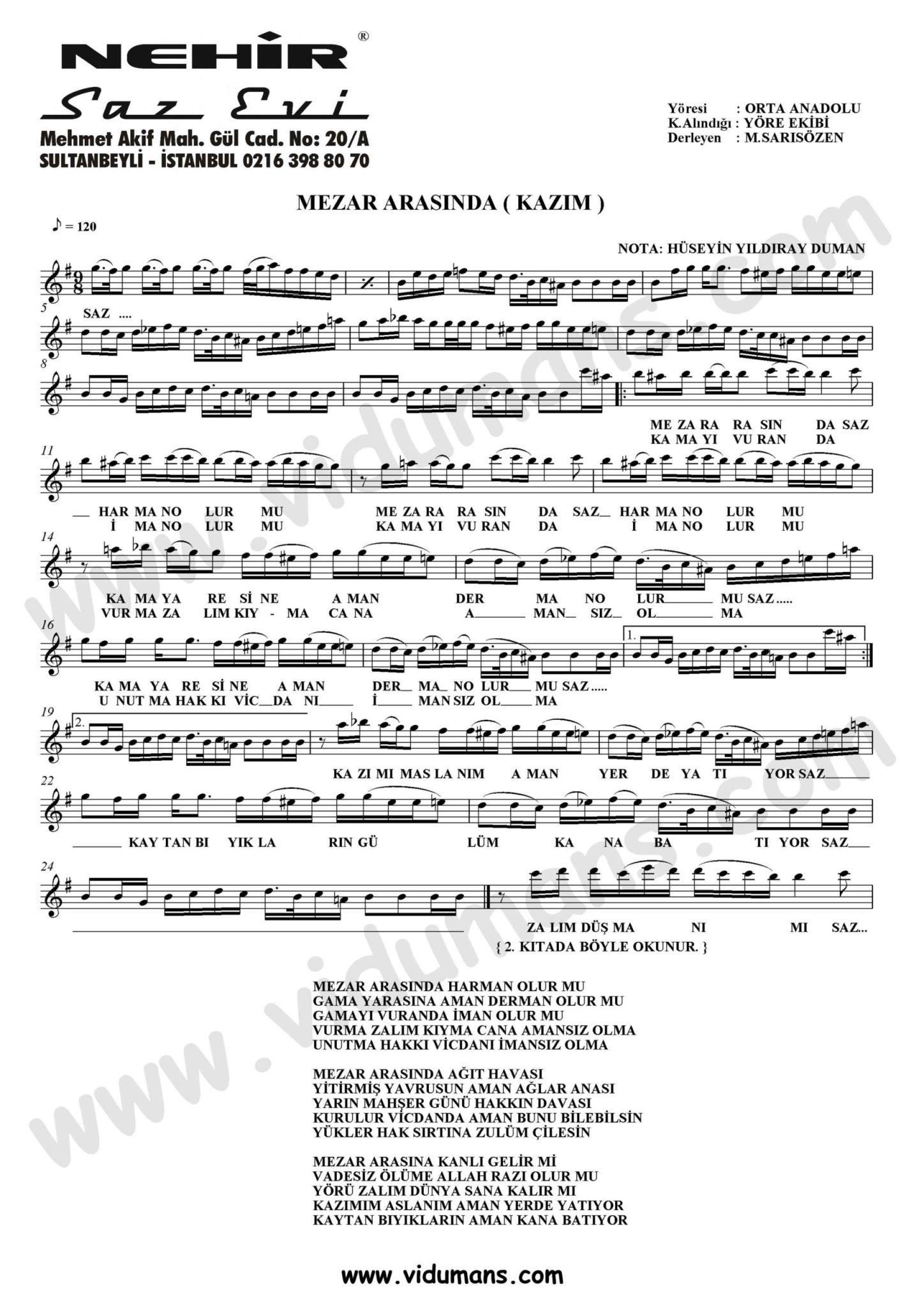 Mezar Arasında Harman Olur mu (Kazım) Si – Bağlama-Saz Türkü Notaları ...